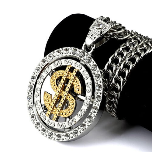 Spinning Gold Dollar Sign Necklace Pendant - Deez Grillz